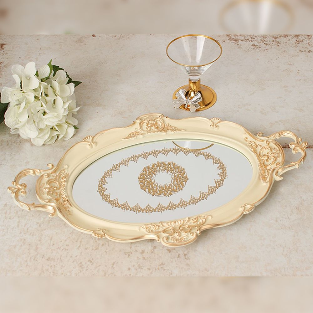 SEMBOL ELYASA TEPSİ KREM ALTIN 52x32cm,SEMBOL ELYASA TEPSİ KREM ALTIN ...